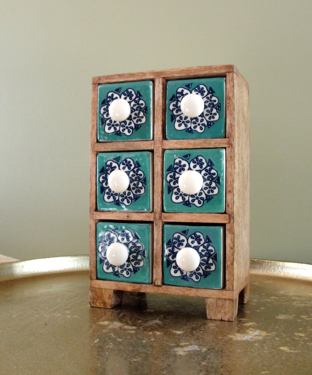Wood and Ceramic Drawer Trinket Box, Drawer Chest, Vintage Teal Jewelry ...