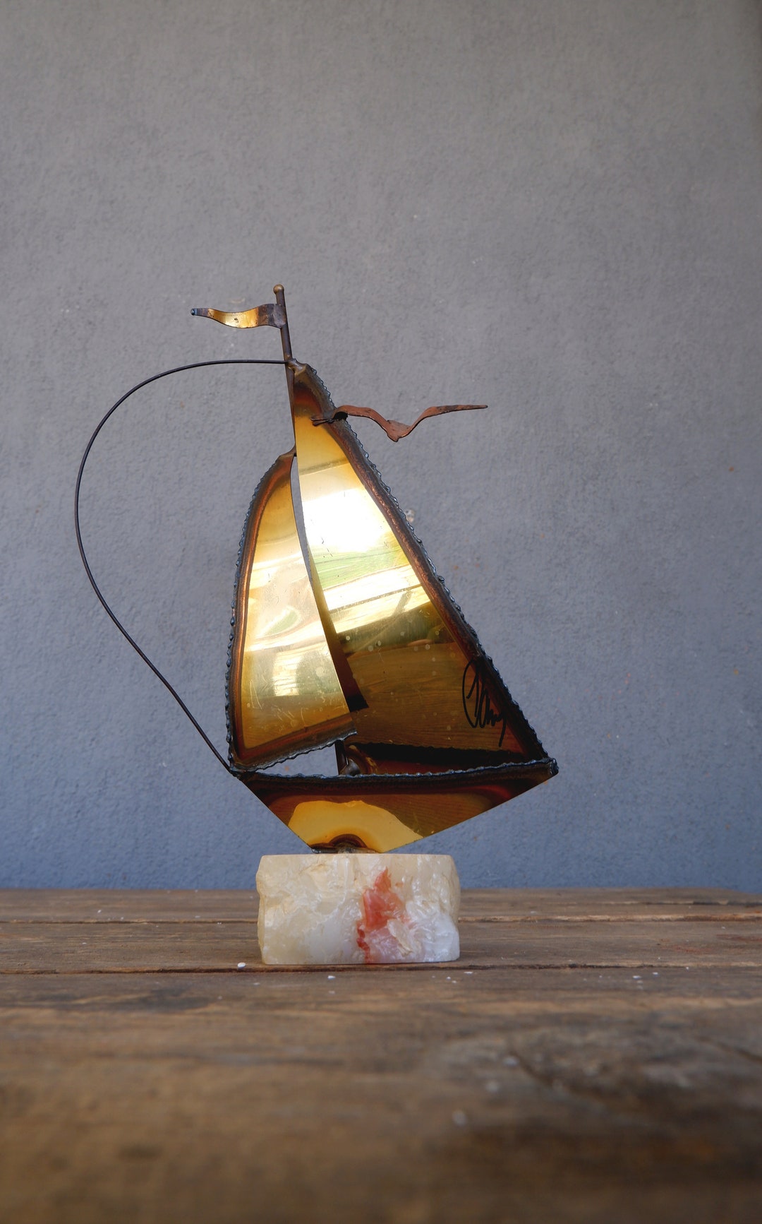 Brass Sailboat, Brutalist Marble Decor, Vintage Metal Boat Sculpture ...