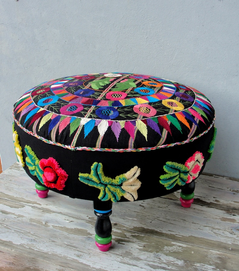 Bohemian Embroidered Ottoman Vintage Embroidery Pouf Bohemian - Etsy