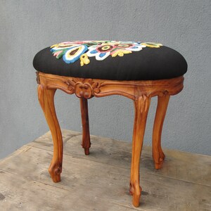 Wooden Floral Pouf Embroidered Stool Ottoman Pouf Romantic Style Wooden ...