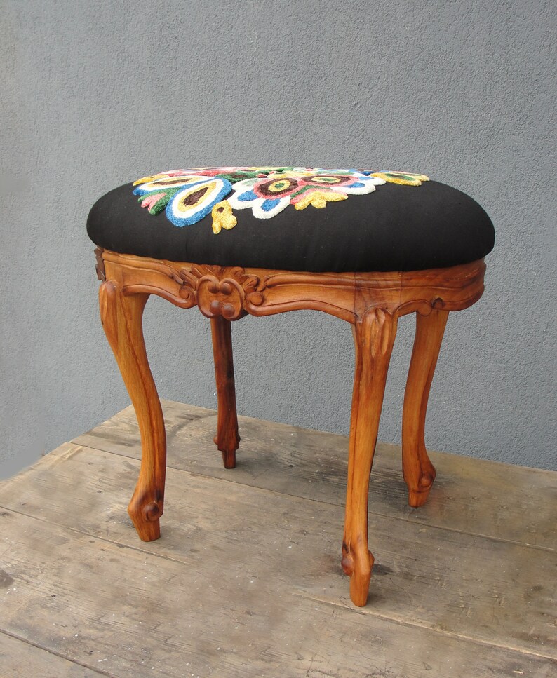 Wooden Floral Pouf Embroidered Stool Ottoman Pouf Romantic - Etsy