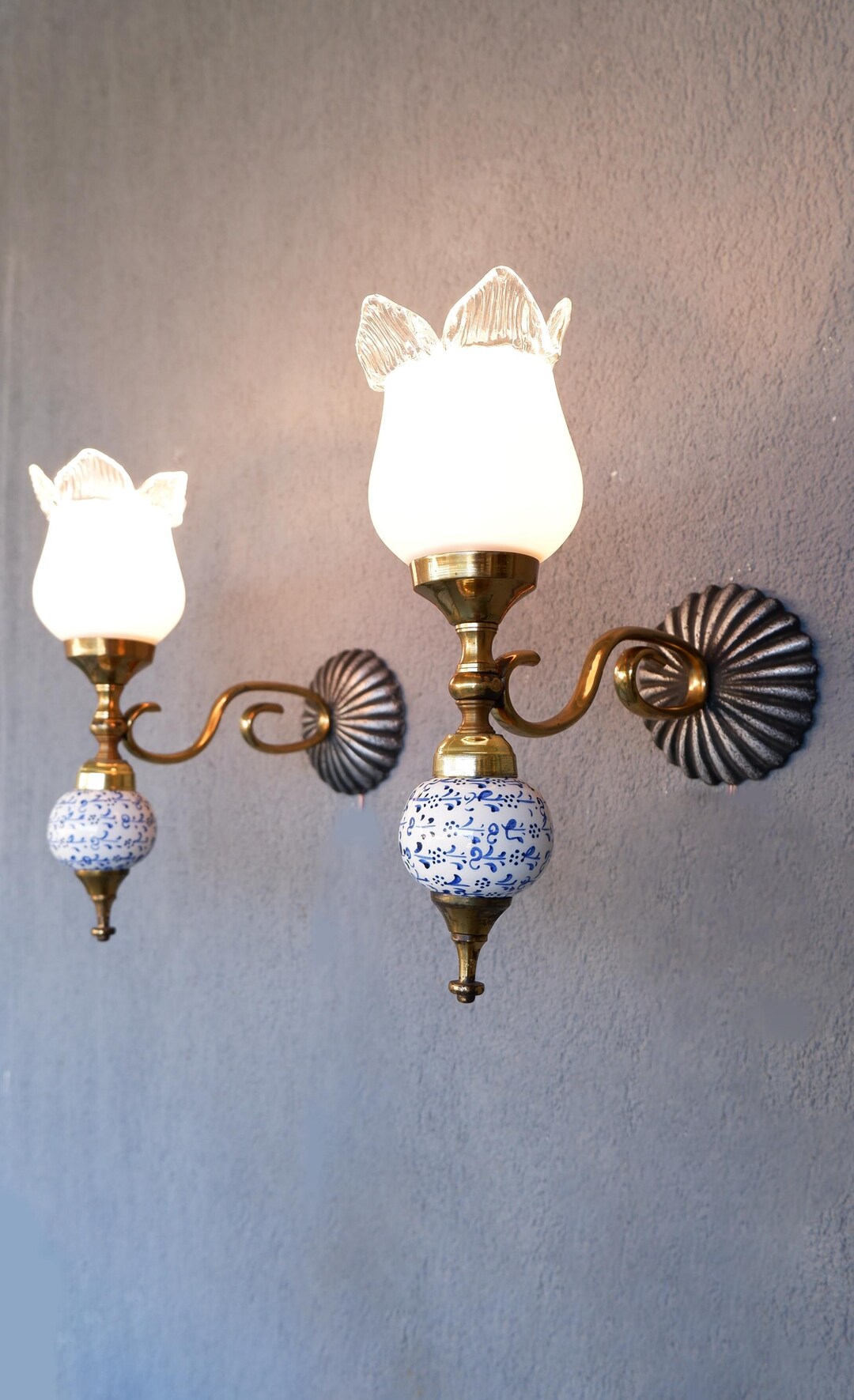 Brass Wall Sconces With Delft Blue Porcelain, Pair of Brass Lamps, Set ...