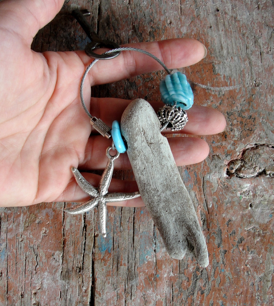 Sea Treasures Keychain Driftwood Starfish Glass Nautical - Etsy