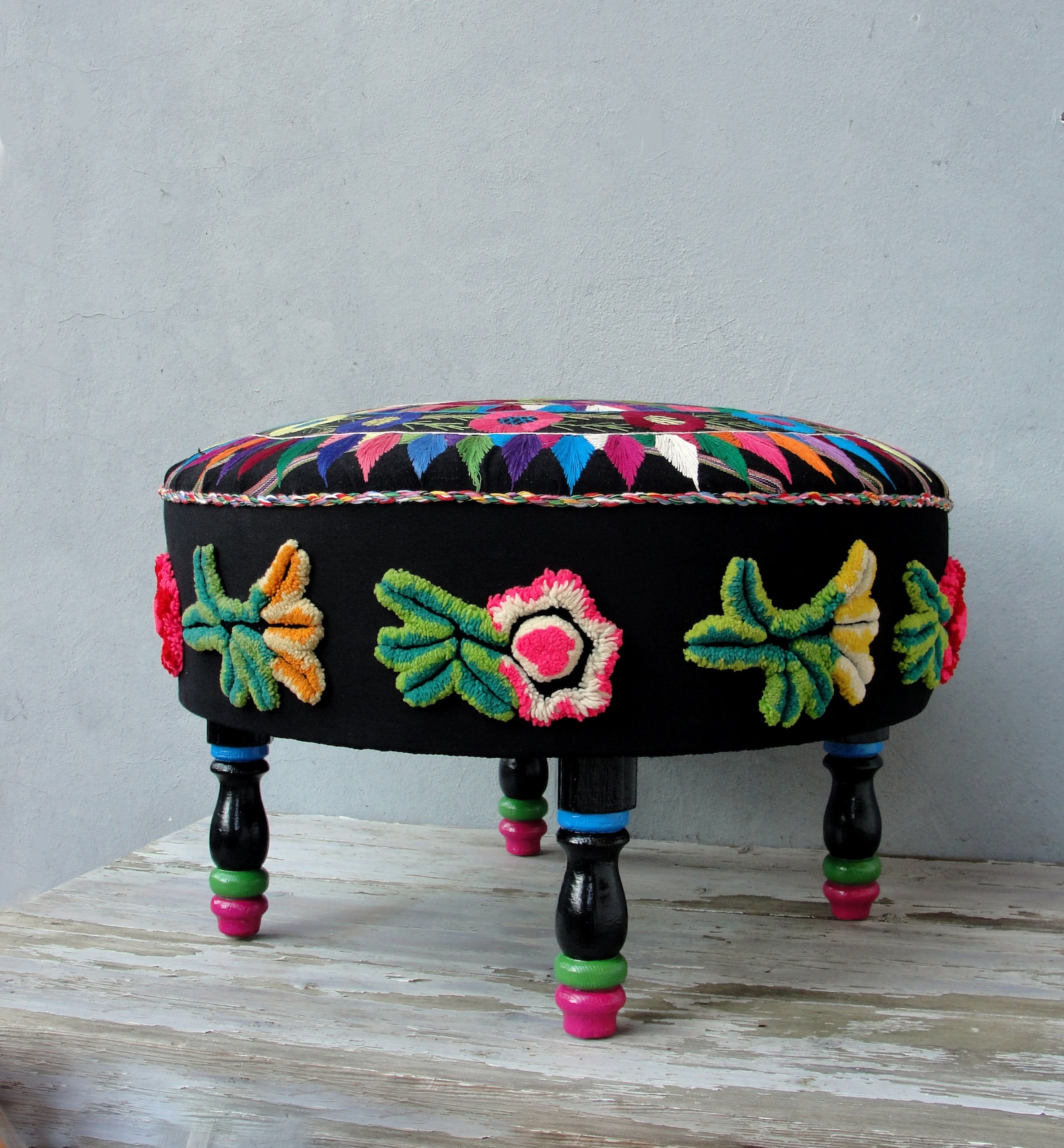 Bohemian Embroidered Ottoman, Vintage Embroidery Pouf Bohemian Wooden ...