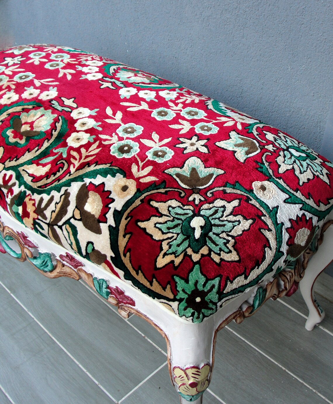 Large Floral Embroidered Ottoman Hand Carved Wooden - Etsy