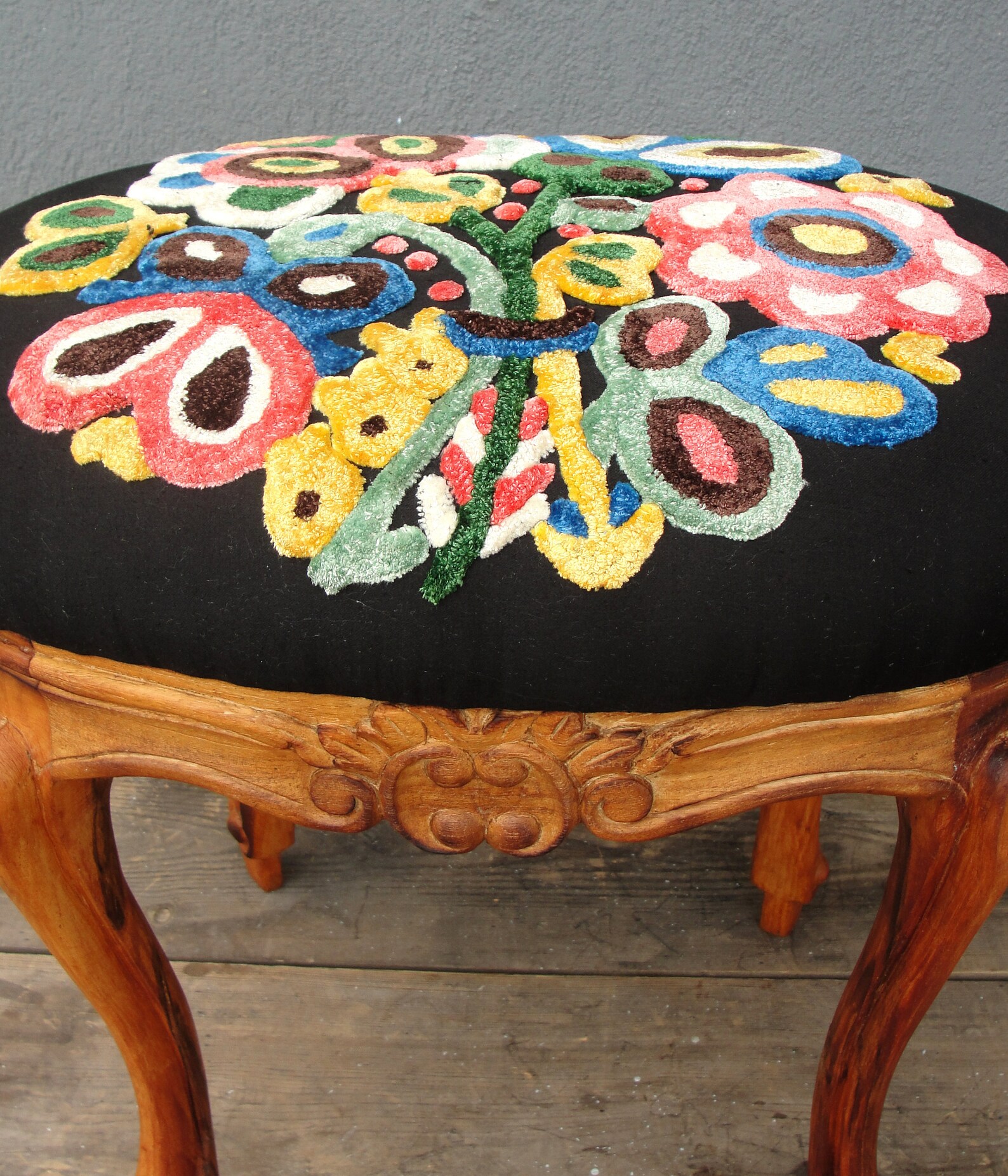 Wooden Floral Pouf Embroidered Stool Ottoman Pouf Romantic | Etsy