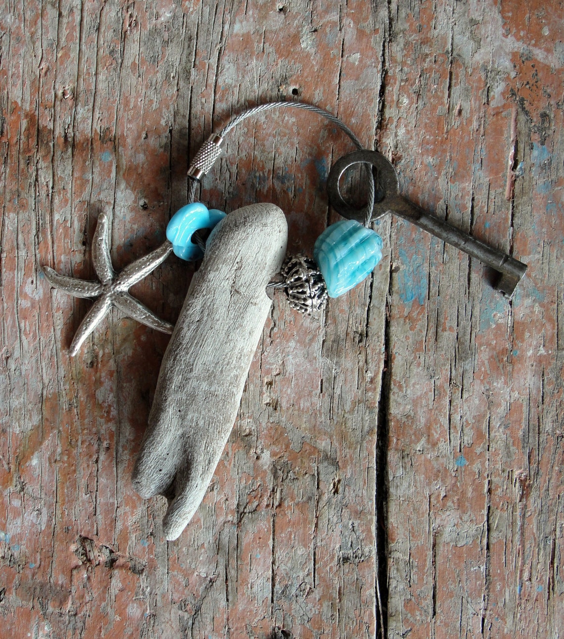 Sea Treasures Keychain Driftwood Starfish Glass Nautical - Etsy