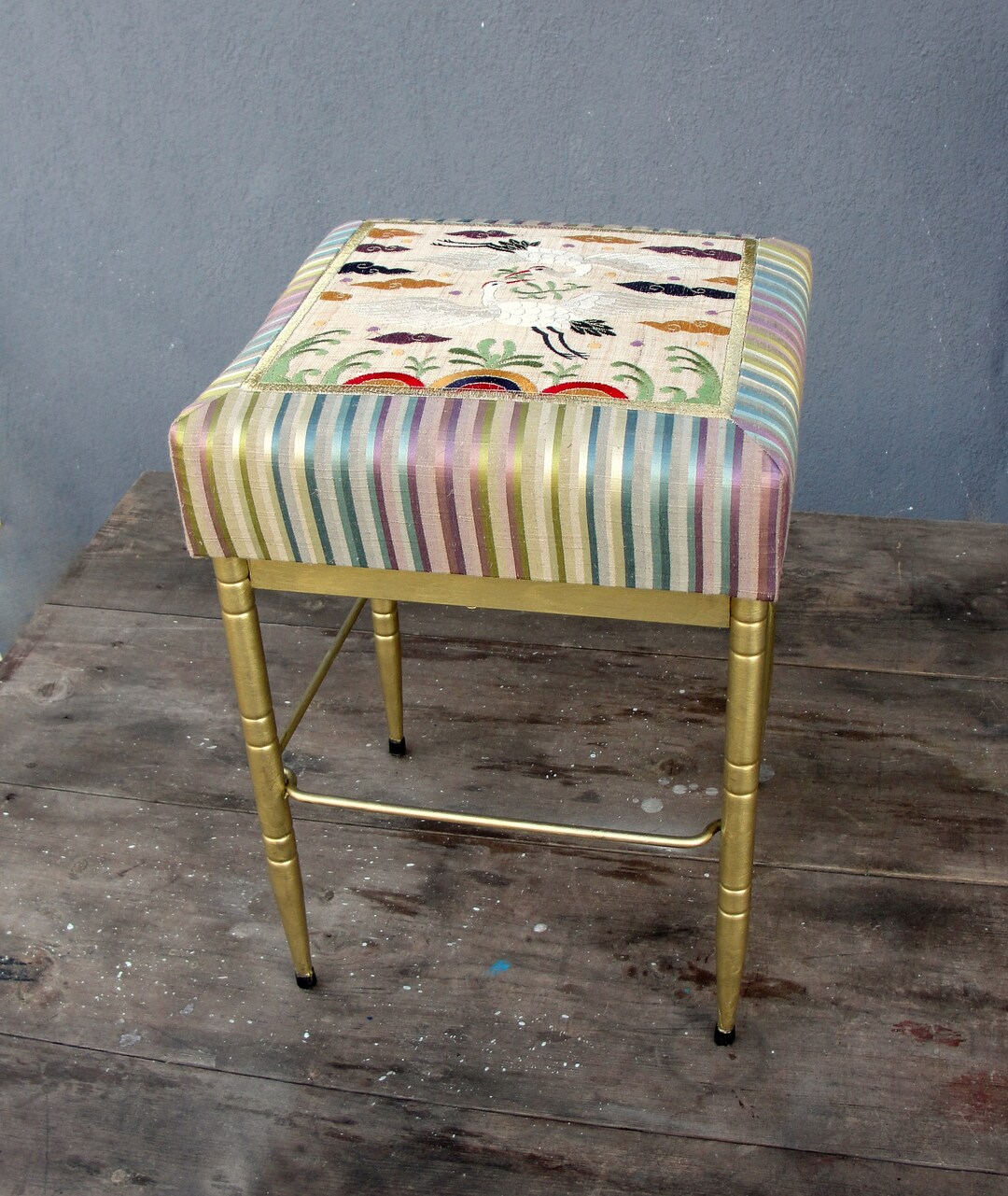 Embroidered Birds Stool, Stripes and Storks Embroidery Geometric Chair ...