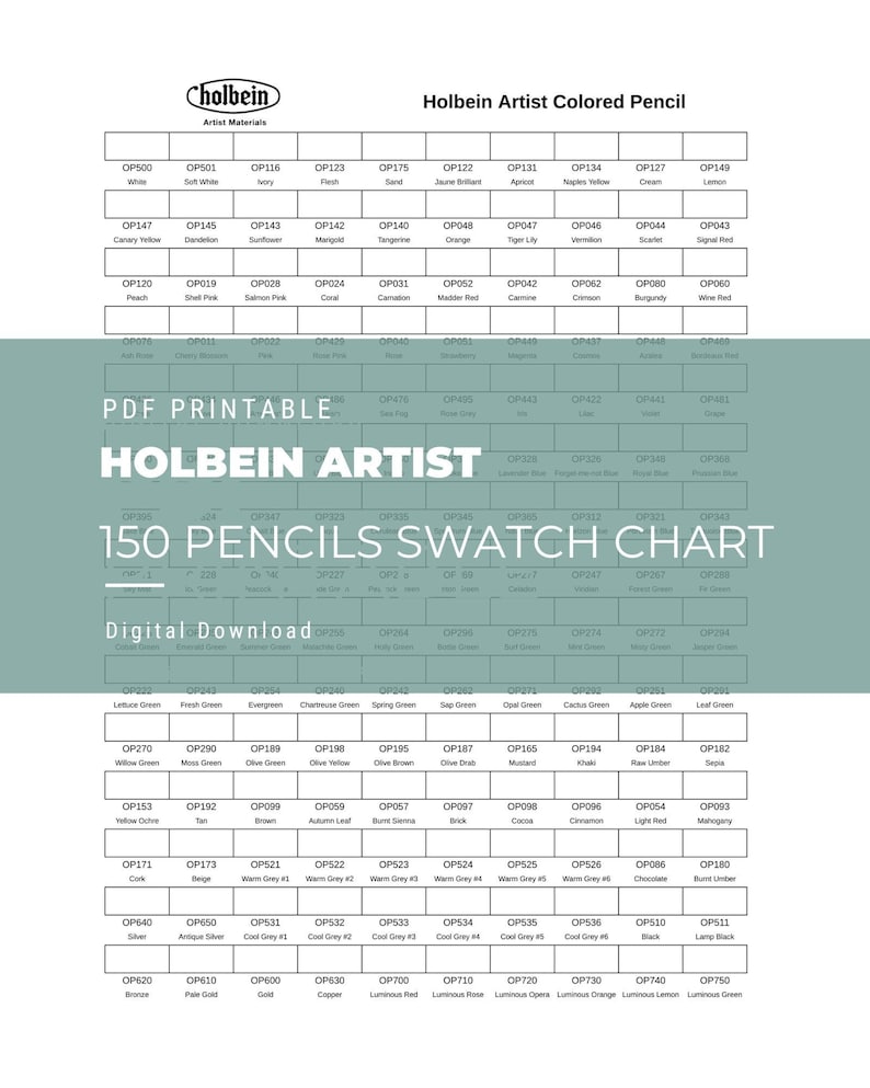 Holbein Artist 150 Pencils Swatch Chart - Etsy