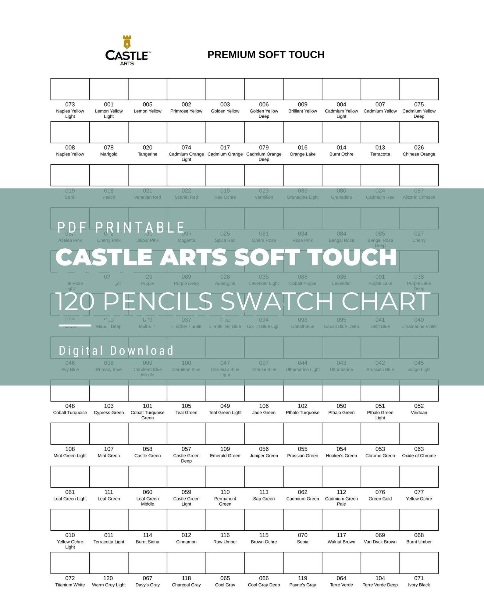 Castle Arts Soft Touch 120 Pencils Swatch Chart - Etsy