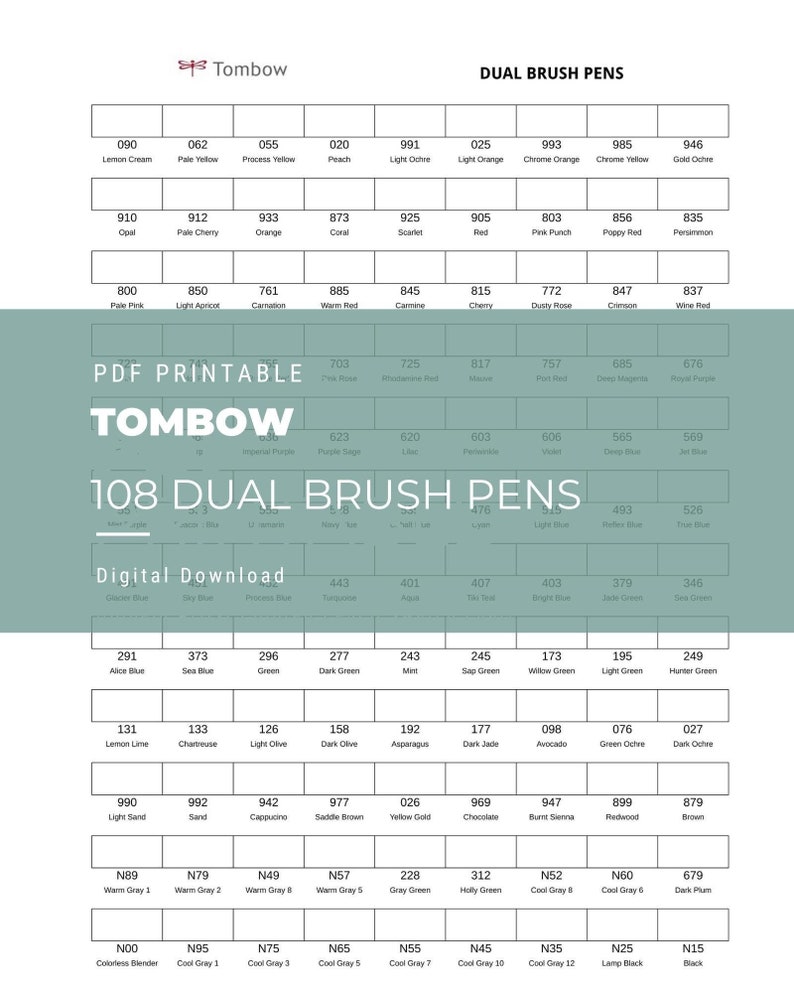 Tombow Dual Brush Pen 108 Colors Swatch Chart - Etsy