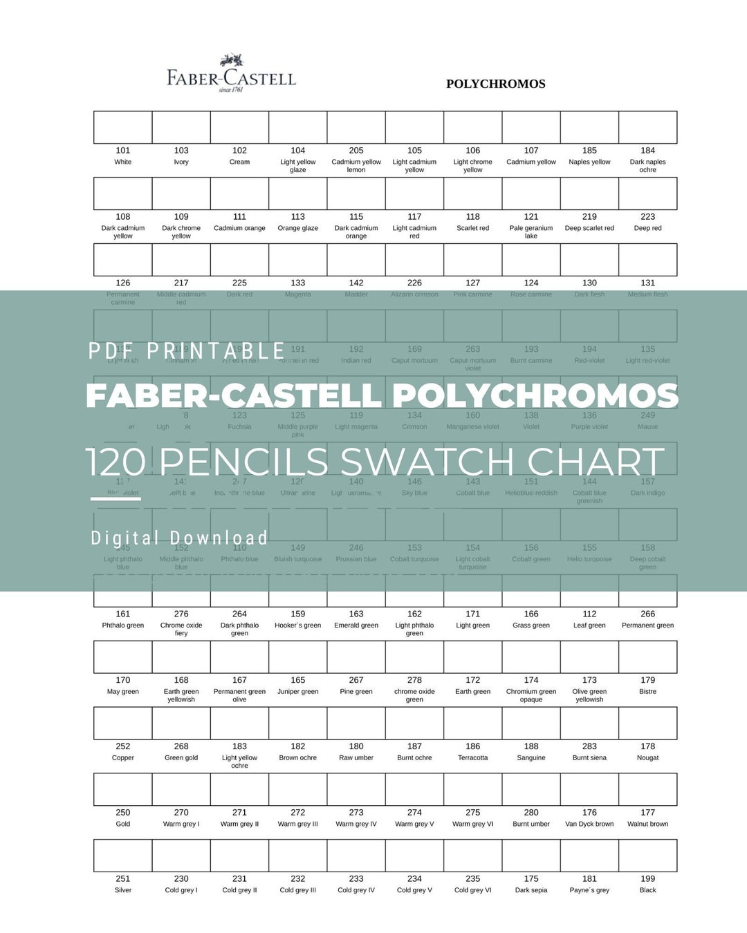Faber-castell Polychromos 120 Pencils Swatch Chart - Etsy