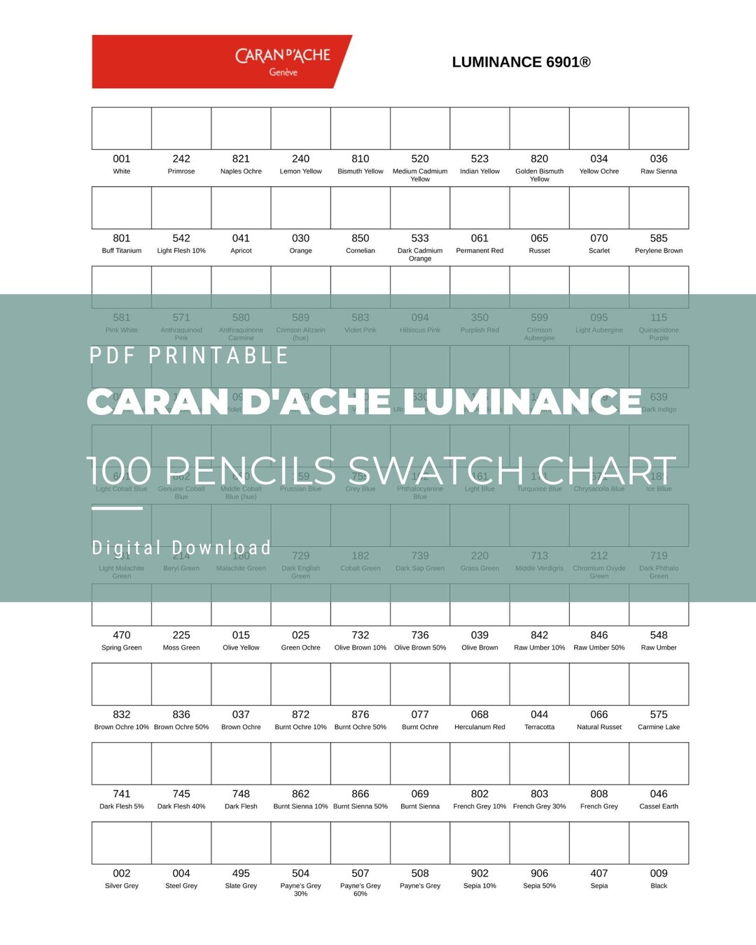 Caran D'ache Luminance 100 Pencils Swatch Chart - Etsy