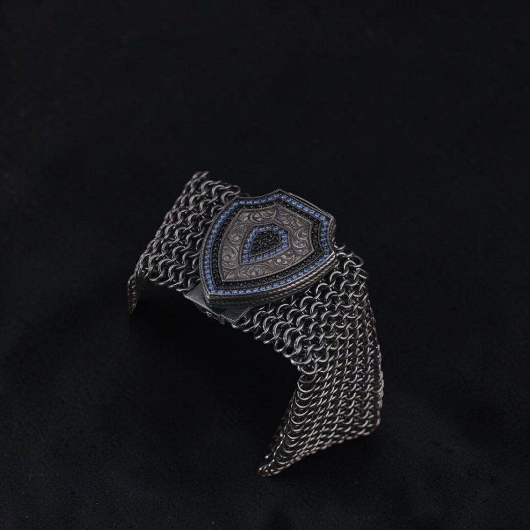 Men's Sterling Silver Chainmail Bracelet, Ottoman Shield Cuff, Medieval ...