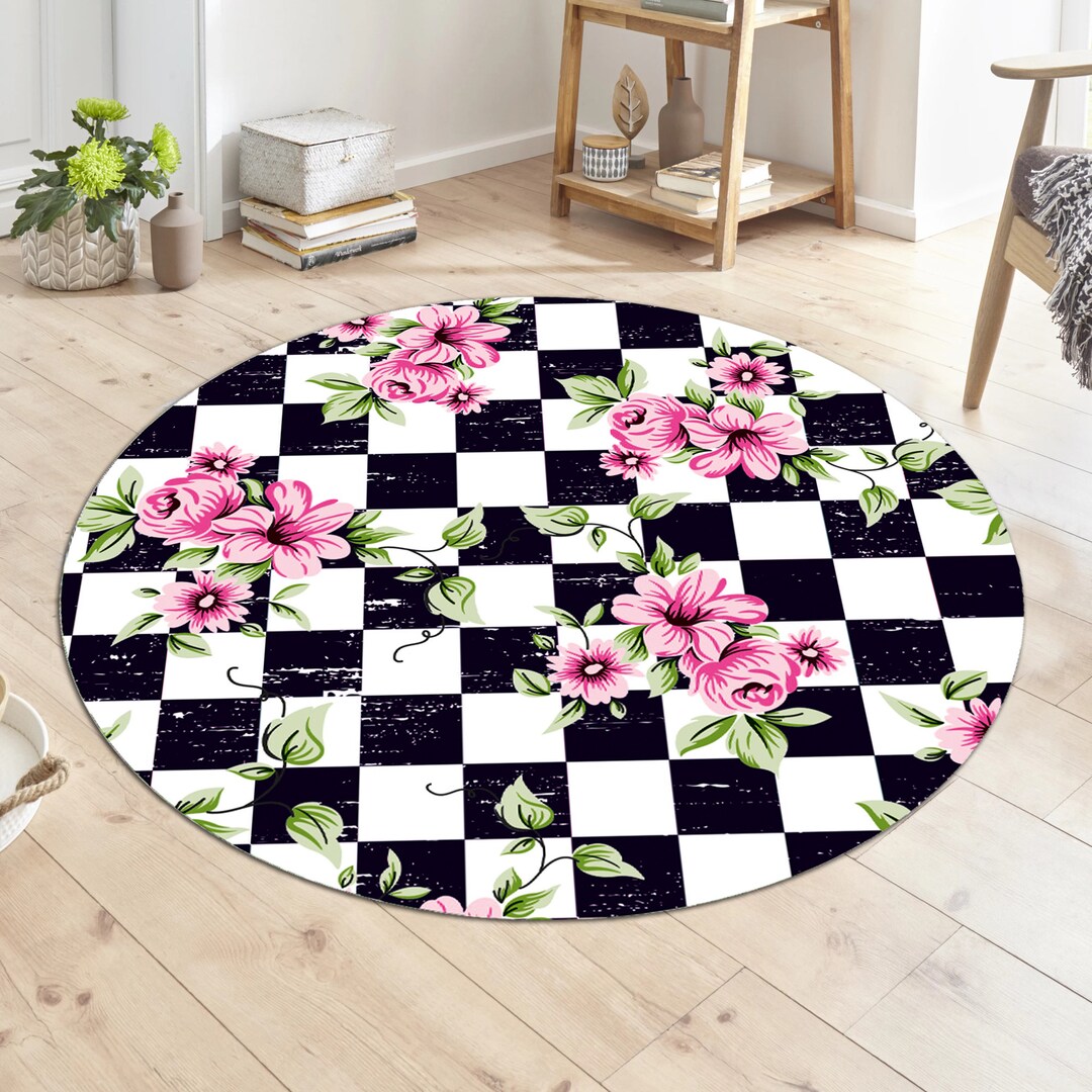 Checkers Rug, Round Rug, Rose Rug, Living Room Rug, Area Rug, Flowers ...