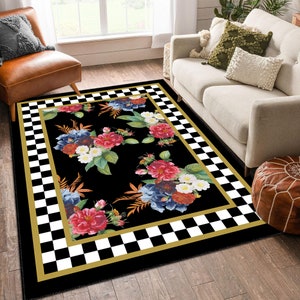 Floral Area Rug, Black Checkers Border, Non-slip Cotton Backing - Etsy