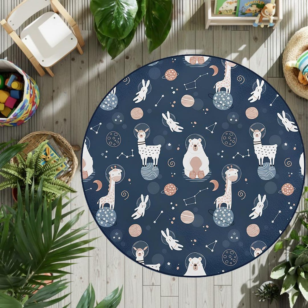 Space Themed Round Rug,astronaut Animals Dark Blue Circle Carpet,cosmic ...