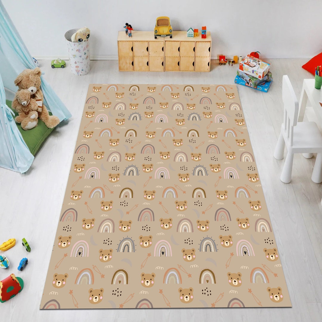 Bear Rug, Rainbow Rug, Kids Room Rug, Nursery Rug, Baby Room Rug, Soft ...