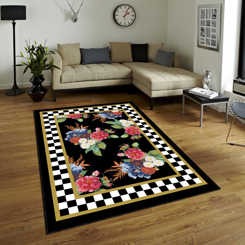Floral Area Rug, Black Checkers Border, Non-slip Cotton Backing - Etsy