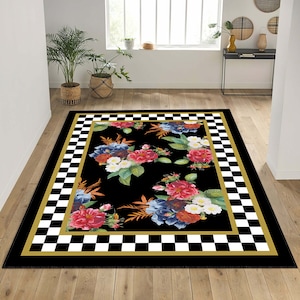 Floral Area Rug, Black Checkers Border, Non-slip Cotton Backing - Etsy