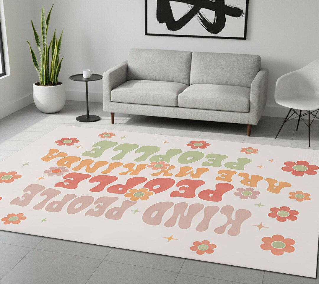 Kind Themed Carpet , Flower Motif Text Mat , 70's Vibe Area Carpet ...