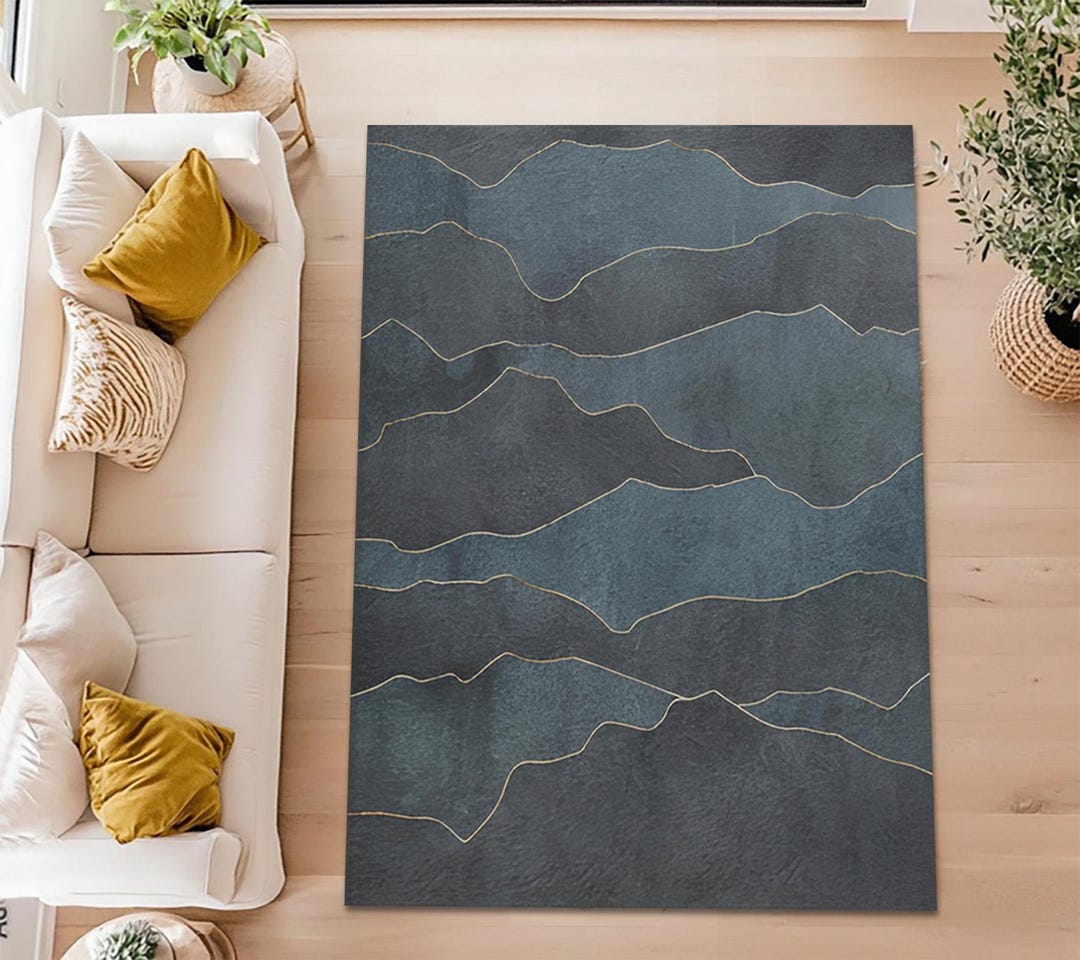 Blue Wave Themed Carpet , Curved Line Accent Rug , Navy Anti Slip ...