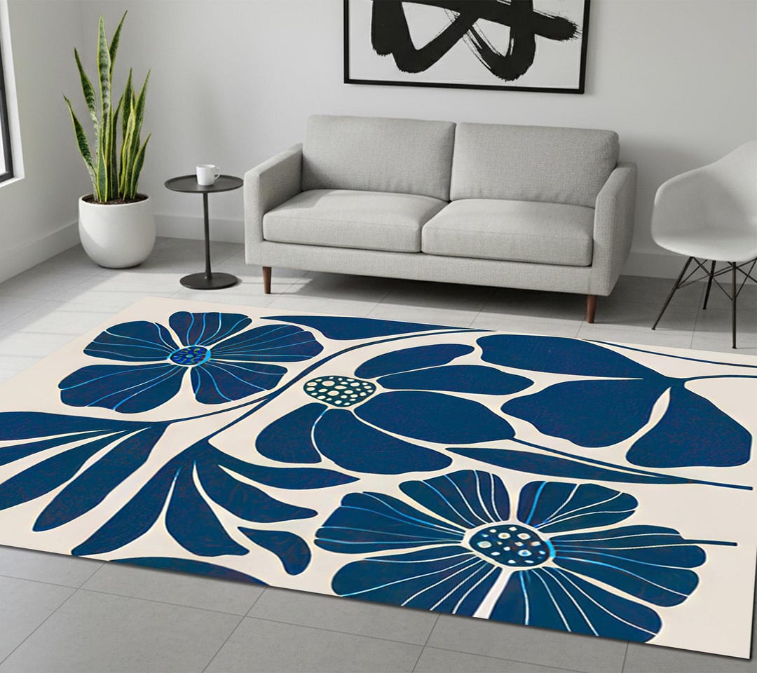 Blue Flower Rug,modern Floral Design, Machine Washable,home Decor ...