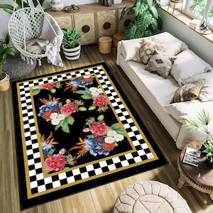 Floral Area Rug, Living Room Rug, Black Checkers Runner, Chequered Non ...