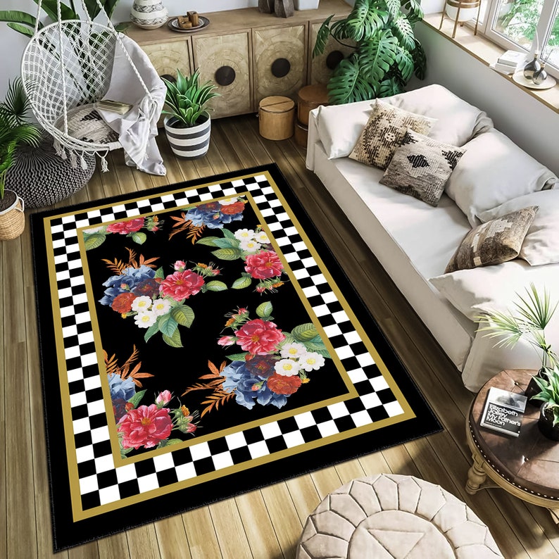Floral Area Rug, Living Room Rug, Black Checkers Runner, Chequered Non ...
