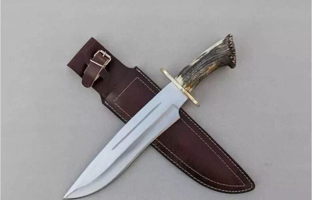 Custom Handmade Fixed Blade Stag Crown Handle D2 Steel Bowie Hunting ...