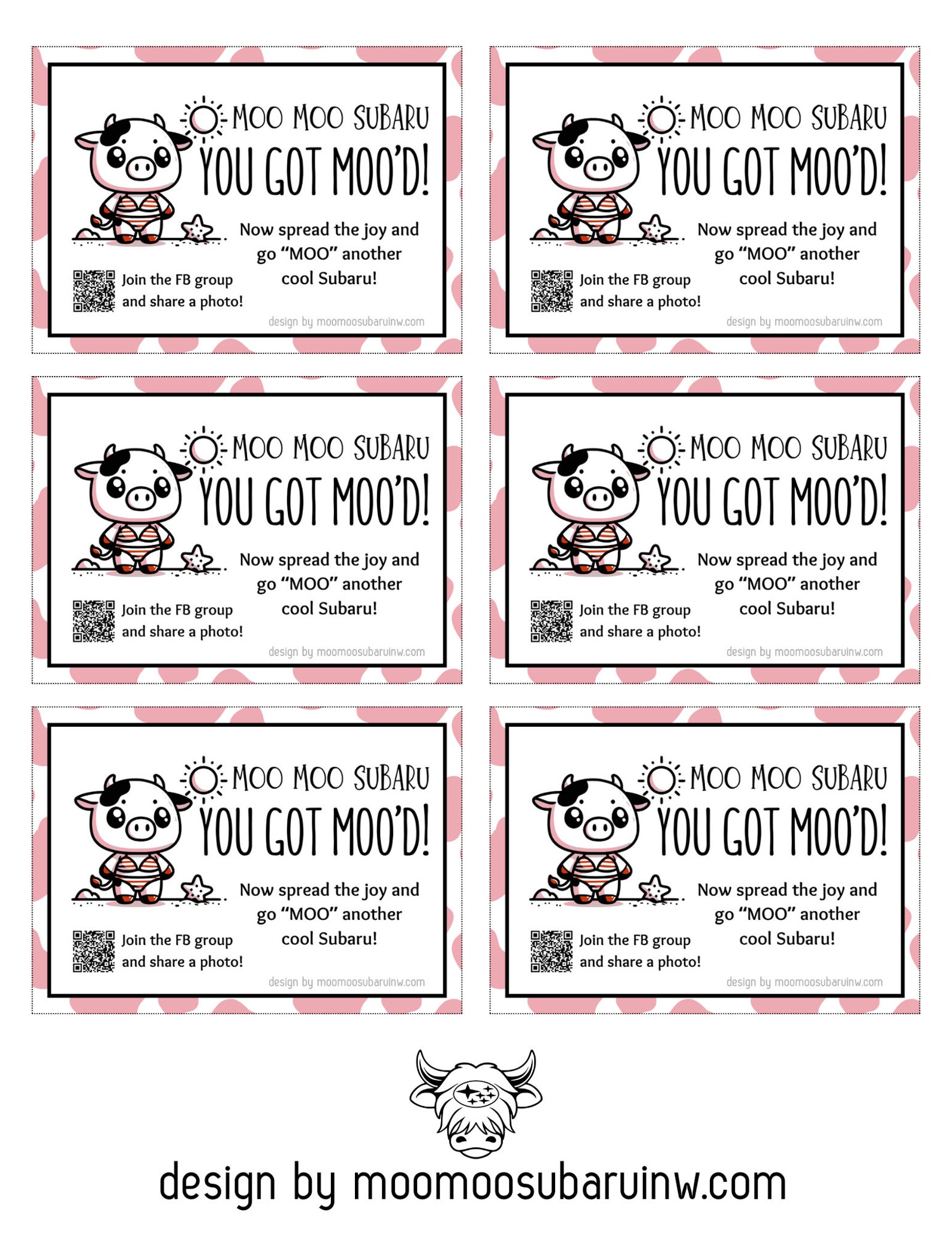 Moo Moo Subaru - Beach Cow Downloadable Info Cards - Etsy