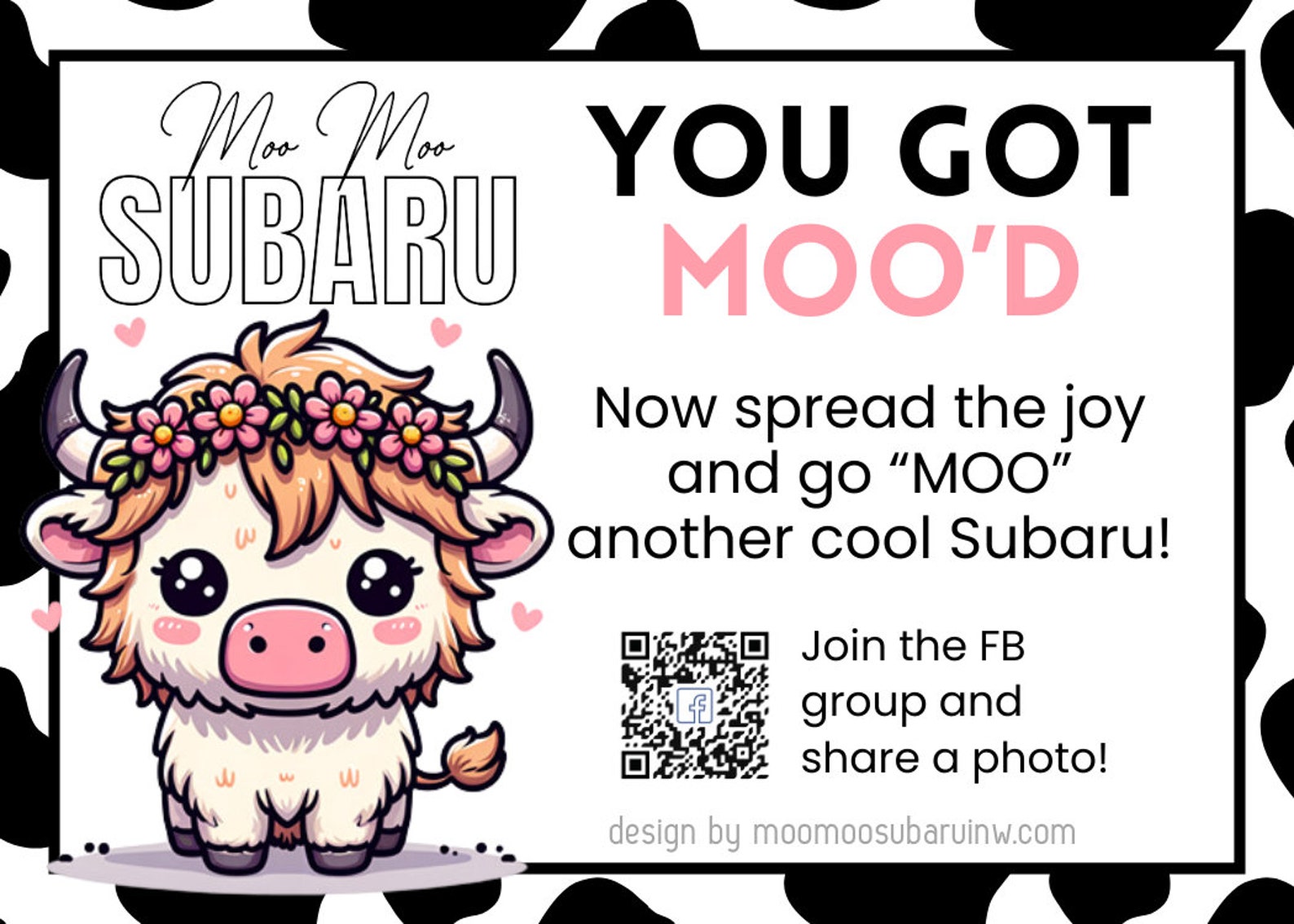Moo Moo Subaru - Highland Cute Cow Downloadable Info *single Sided - Etsy