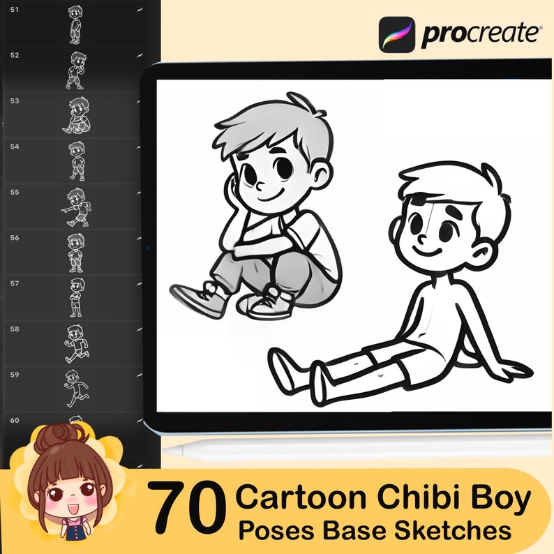 70 Procreate Cartoon Chibi Boy, Poses Base Sketches Kawaii Character ...