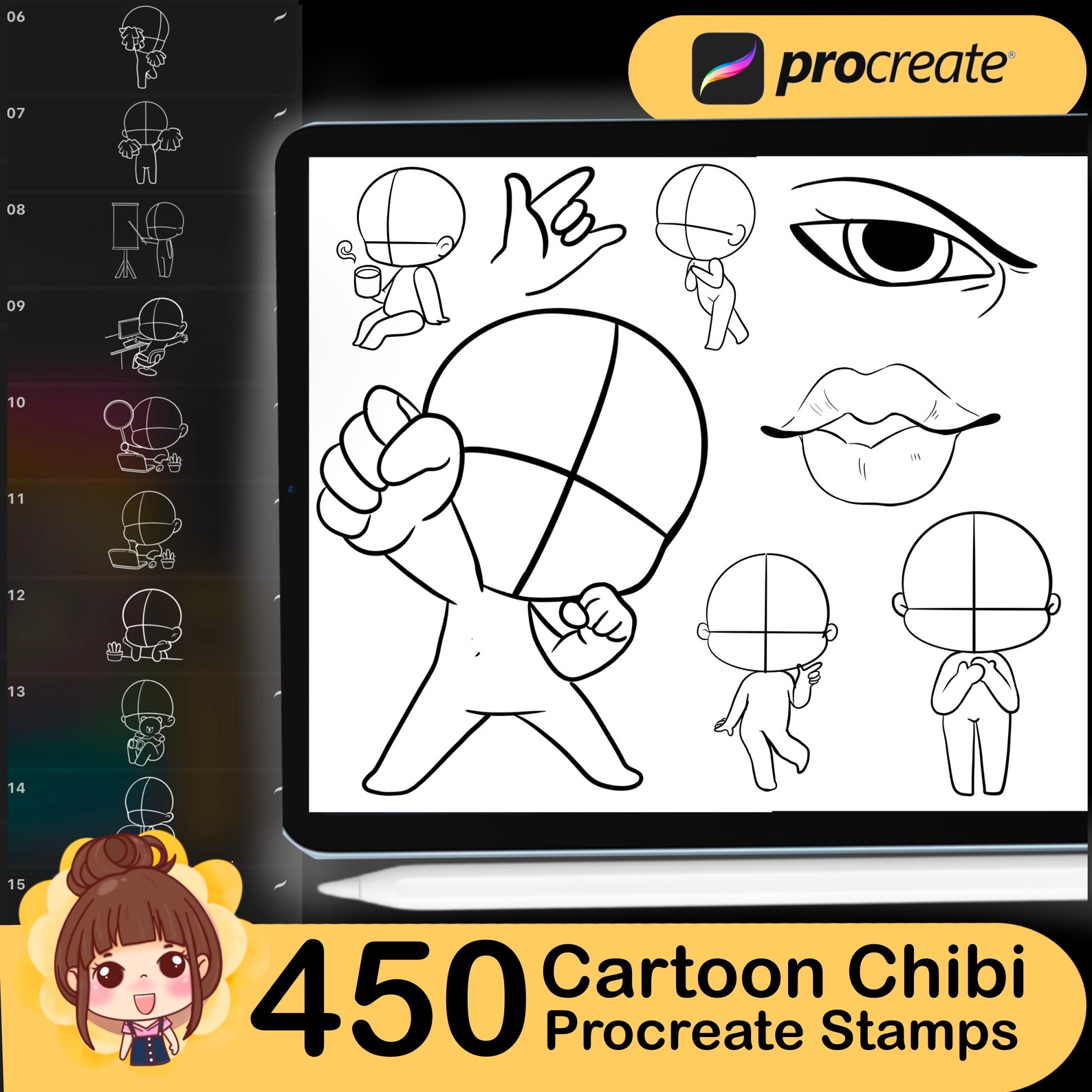 450 Procreate Cartoon Chibi Stamps, Chibi Lips, Chibi Body, Chibi Eye ...