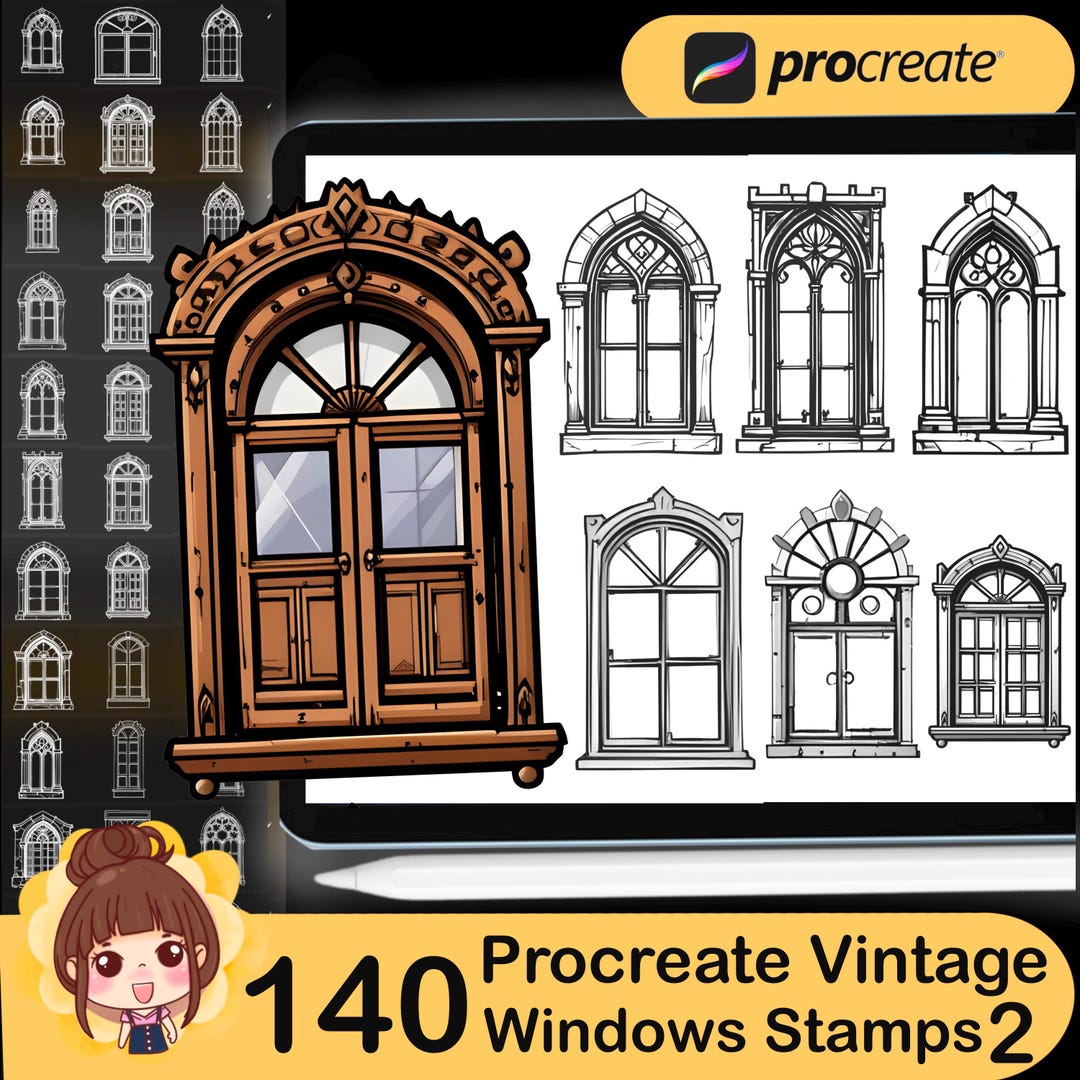 140 Procreate Vintage Windows Stamps Set2 , Gothic Windows Brush ...