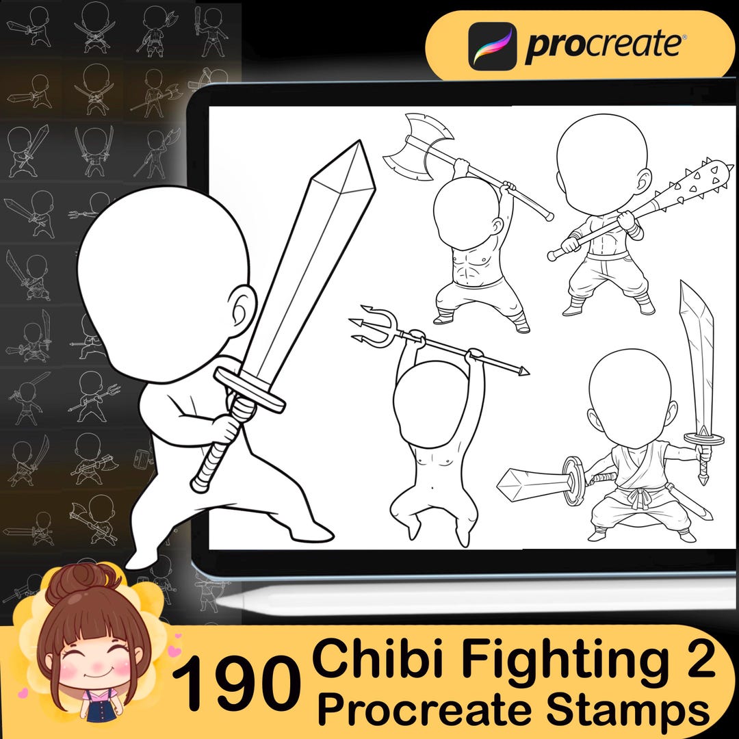 Set de 190 pinceles de lucha Chibi para Procreate (2), Poses de lucha ...