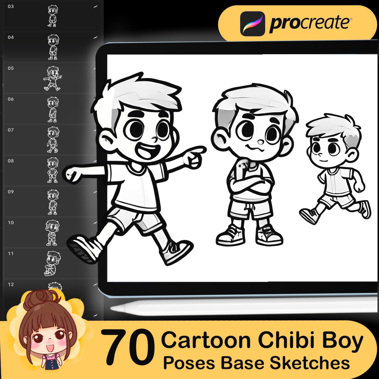 70 Procreate Cartoon Chibi Boy, Poses Base Sketches Kawaii Character ...