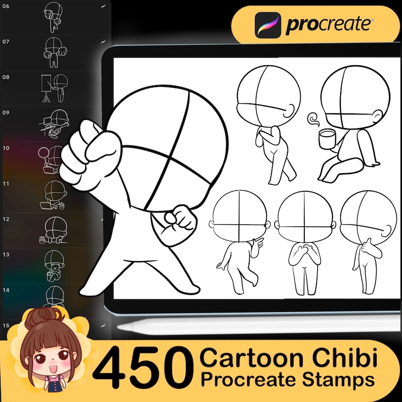 450 Procreate Cartoon Chibi Stamps, Chibi Lips, Chibi Body, Chibi Eye, Chibi Hand Brush for ...