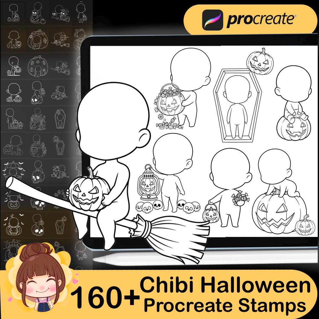 160 Procreate Halloween Stamps, Halloween Brushes Procreate, Chibi Base ...