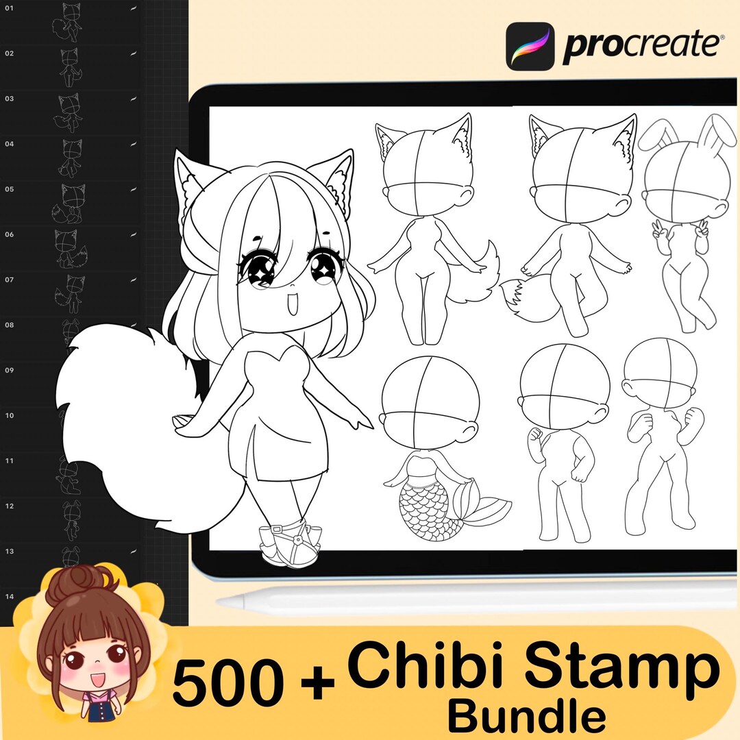 500+ Procreate Cartoon Chibi Brushes,poses Base Sketches Character ...