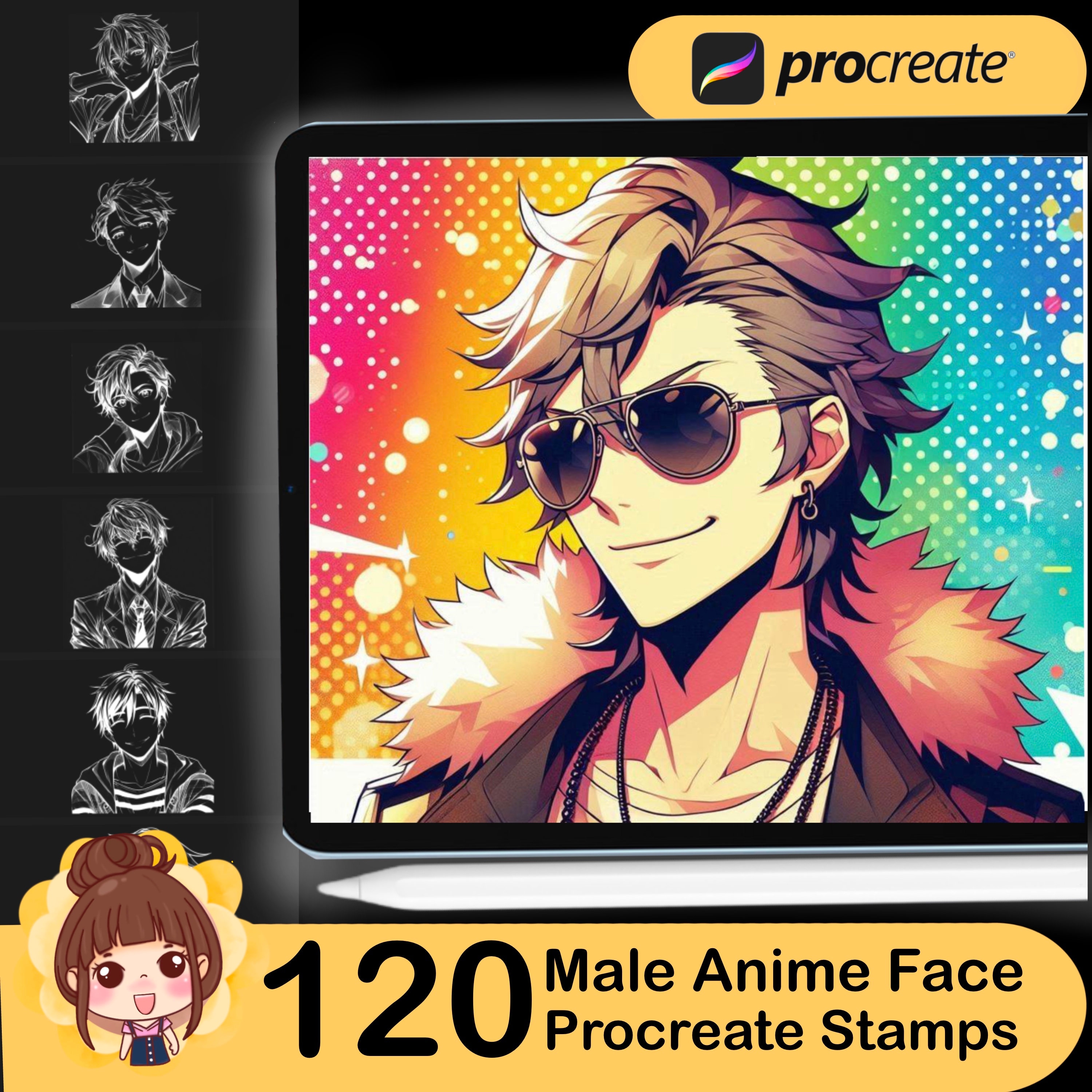 120 Procreate Anime Male Face Stamps, Anime Boy Face Brush for ...