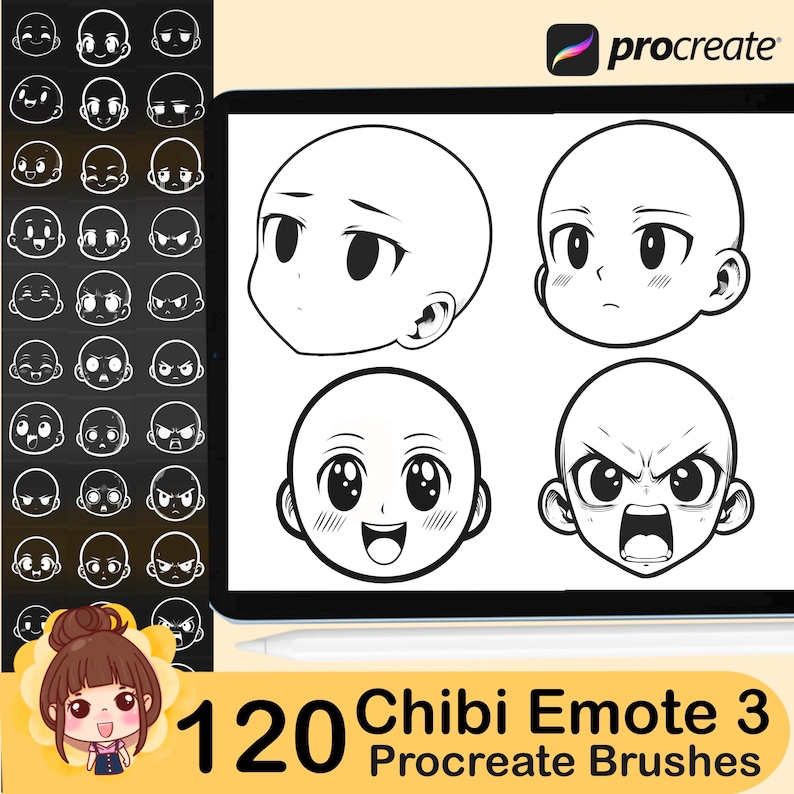 120 Procreate Chibi Emote Brushes Set3. Procreate Chibi Head Stamps ...