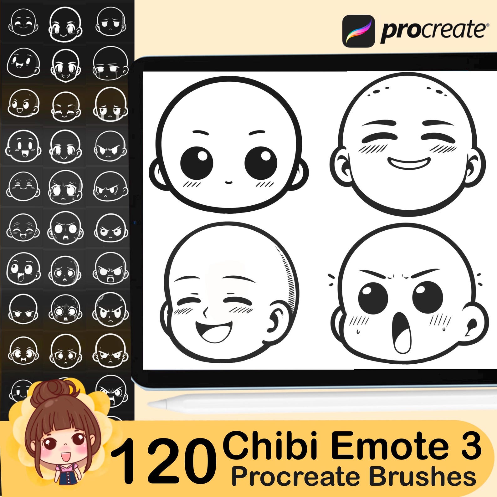 120 Procreate Chibi Emote Brushes Set3. Procreate Chibi Head Stamps ...