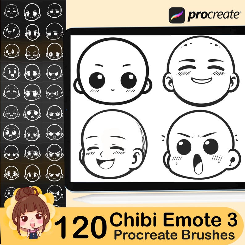120 Procreate Chibi Emote Brushes Set3. Procreate Chibi Head Stamps, Chibi Emotion Face Stamp ...