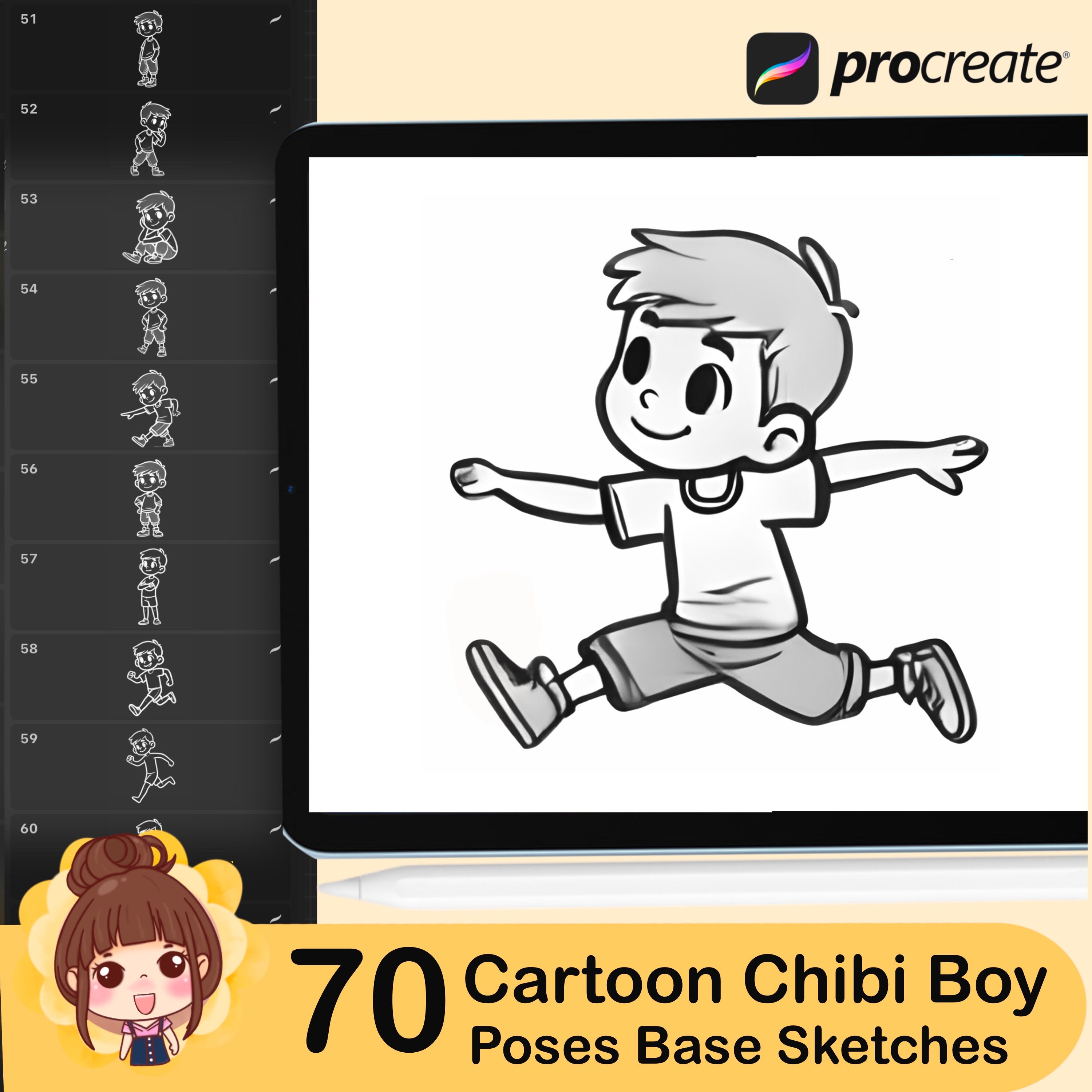 70 Procreate Cartoon Chibi Boy, Poses Base Sketches Kawaii Character ...