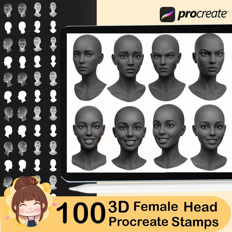 100 Procreate 3D Female Head Stamp Brushes (digital Download) - Etsy