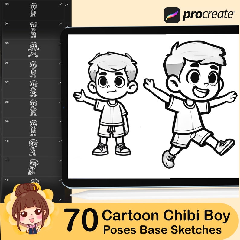70 Procreate Cartoon Chibi Boy, Poses Base Sketches Kawaii Character ...