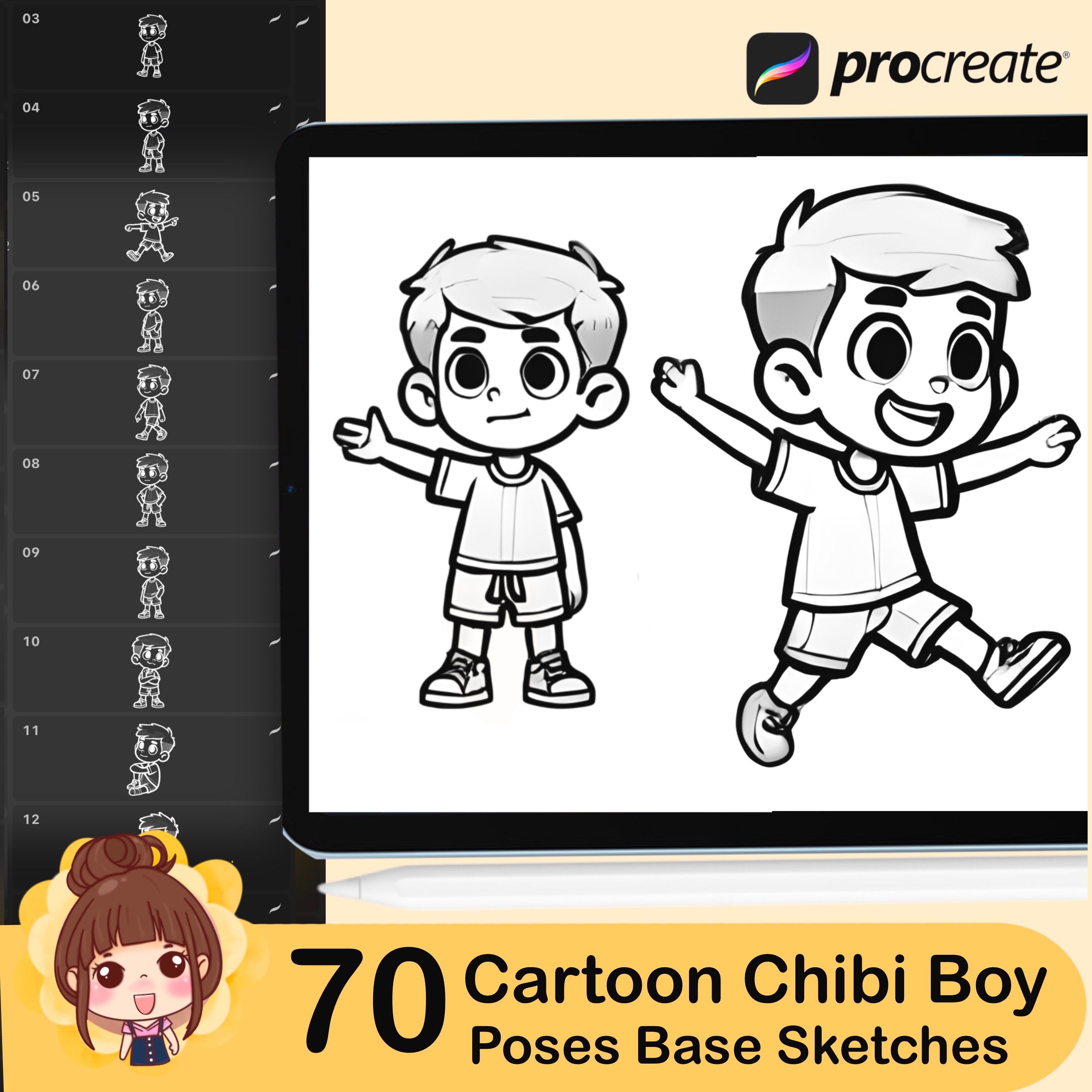 70 Procreate Cartoon Chibi Boy, Poses Base Sketches Kawaii Character ...