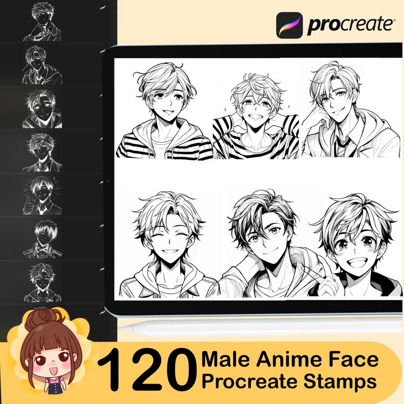 120 Procreate Anime Male Face Stamps, Anime Boy Face Brush for ...