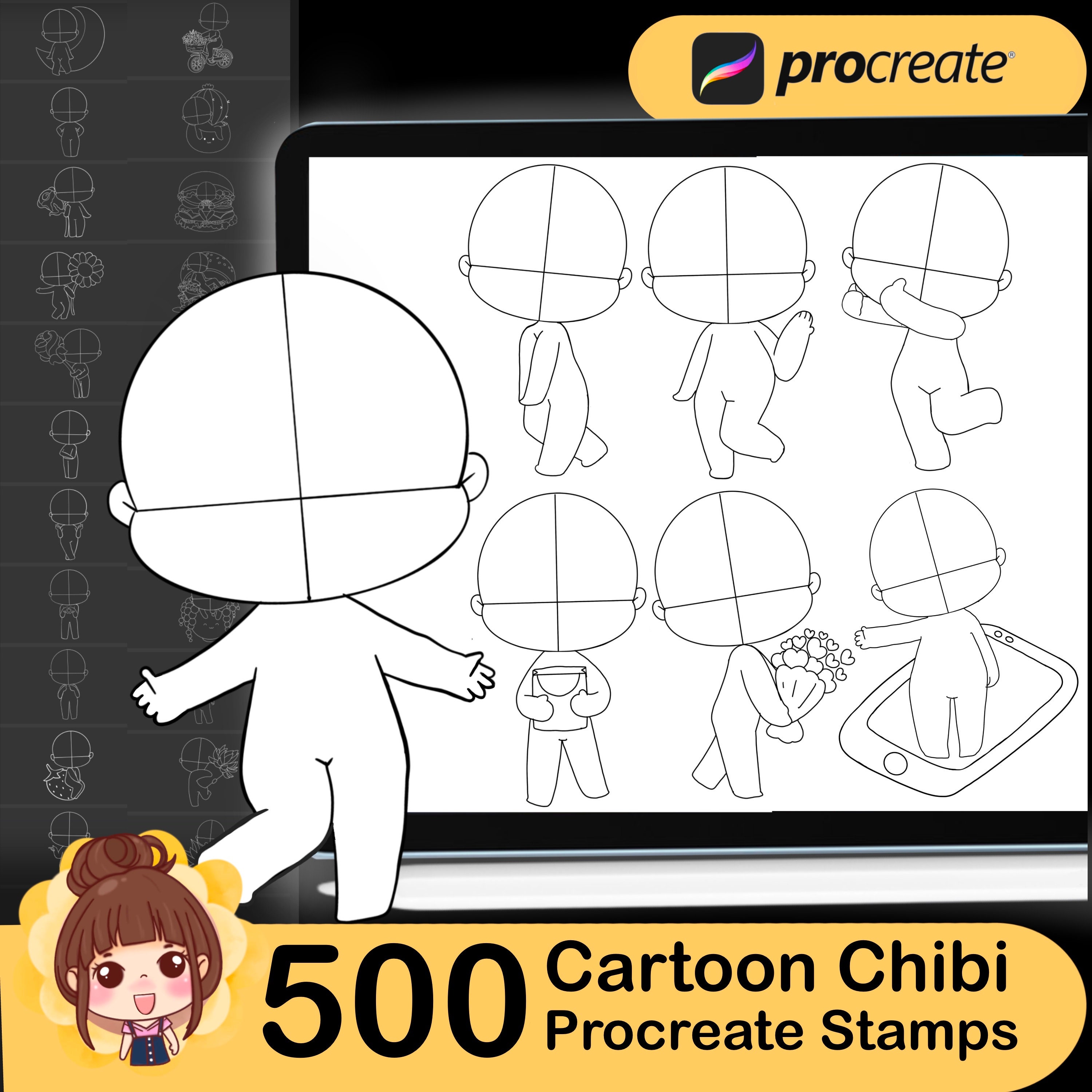 500 Procreate Cartoon Chibi Stamps,chibi Body, Chibi Eye, Chibi Hair ...